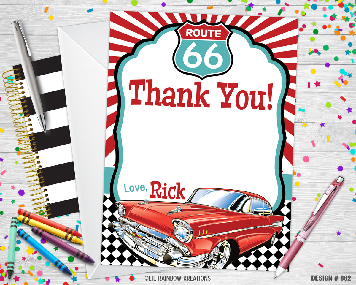 862 | Route 66 Party Invitation & Thank You Card – Little Rainbow Kreations